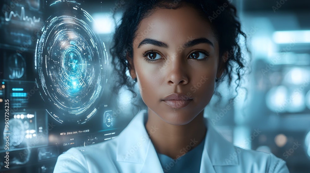 Black female doctor with focused expression, viewing holographic AI ...