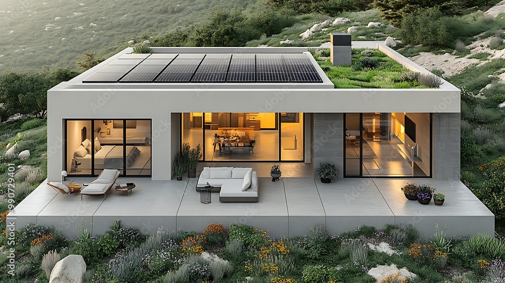 A sleek modern eco-home with solar panels, large windows, and an ...