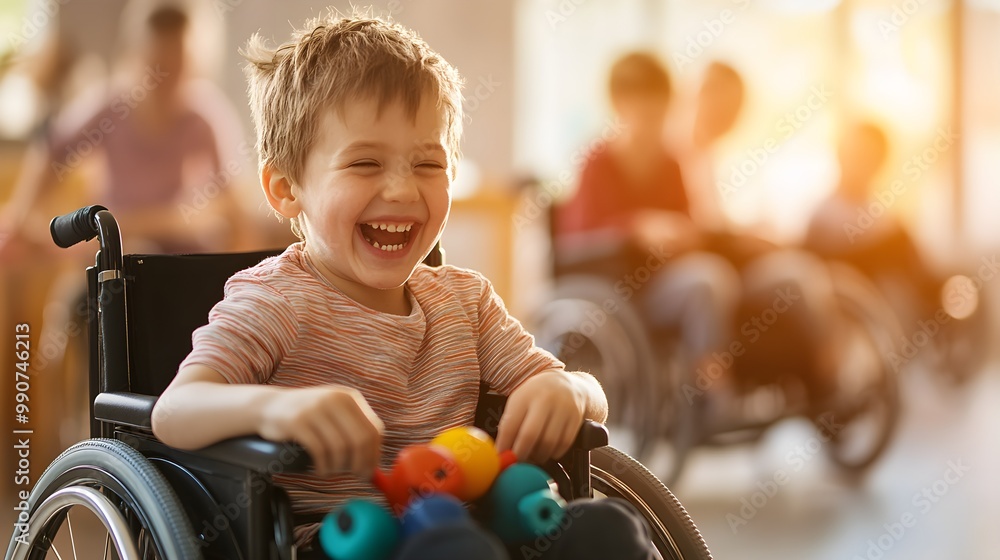 Multiethnic kids in wheelchairs playing with colorful toys in a bright ...