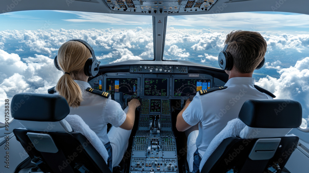 Two pilots in the cockpit of a plane looking out over clouds, AI Stock ...