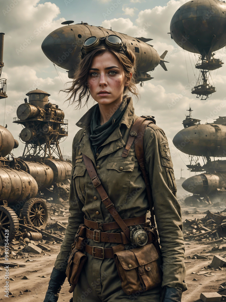 alternate future steampunk female soldier in an apocalyptic battlefield ...