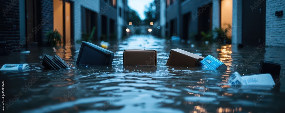 A flooded alley is seen, with several cardboard boxes floating in murky ...