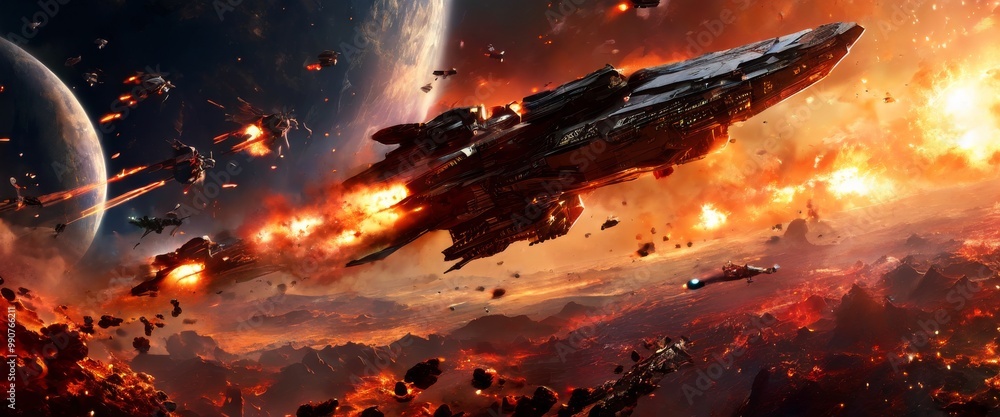 Massive futuristic starships engage in a high-stakes space battle over ...