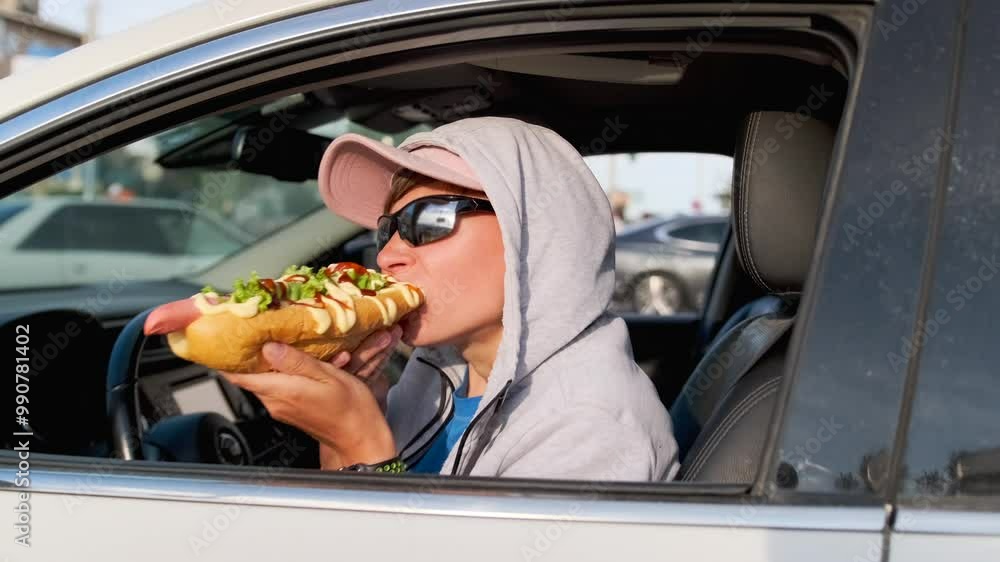 Young woman in sunglasses and hoodie biting into big fresh hot dog with ...