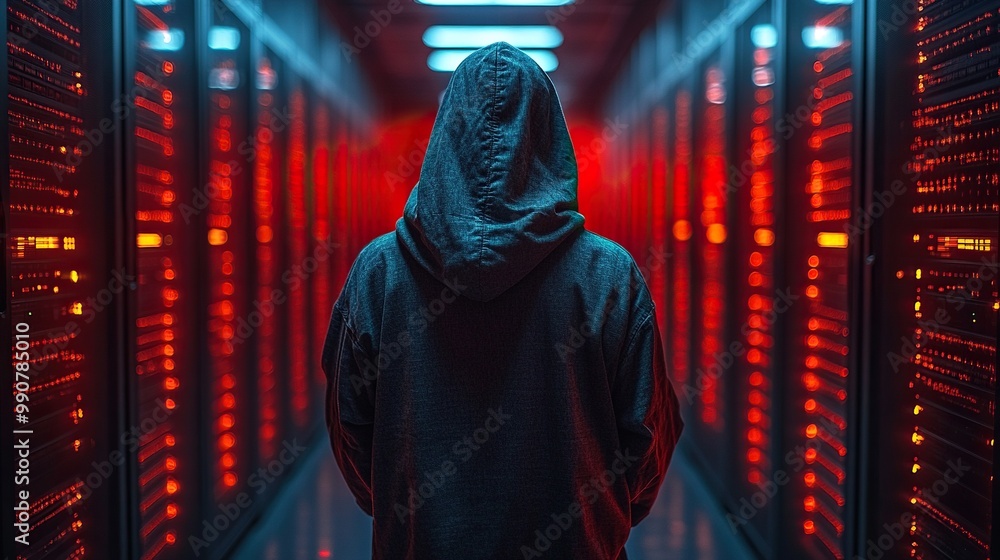 A hooded hacker in a server room symbolizes cybersecurity vulnerabilities, coding malware, and ...