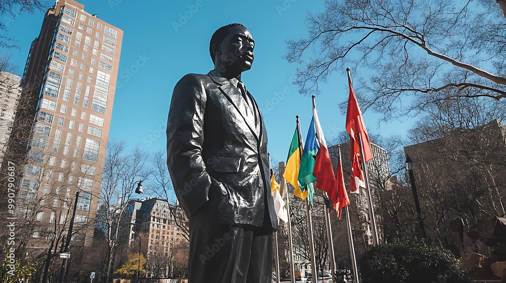 Monument of a Black freedom fighter in a city square, with flags waving ...