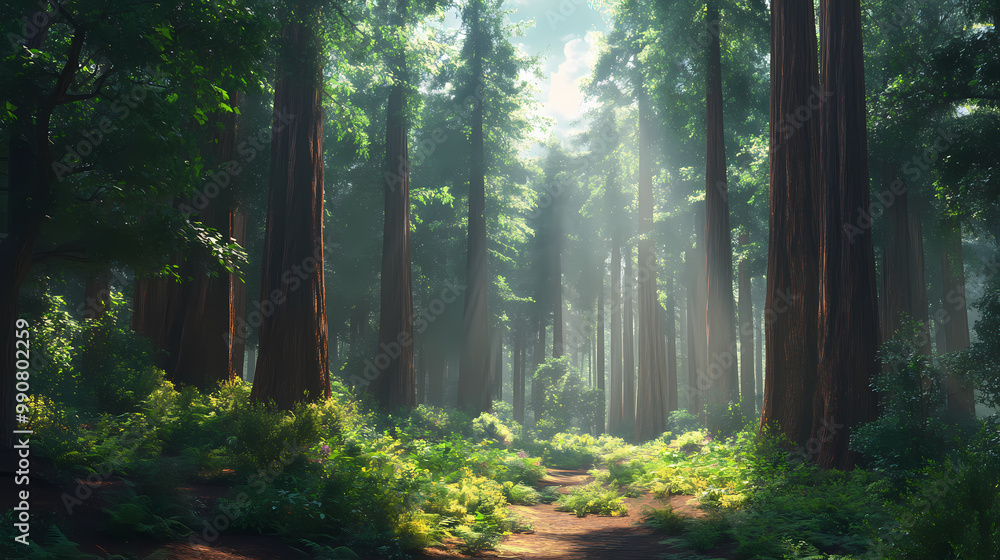 Giant redwood trees in a dense forest, hyperrealistic photo. Giant ...