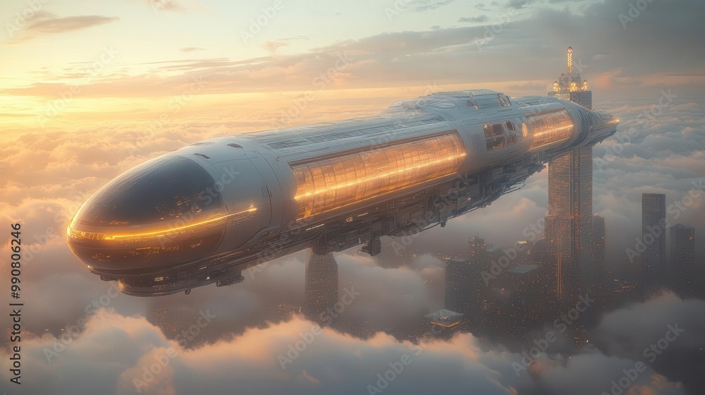 hyperloop train approaching a floating aeropolis with dallas skyline ...