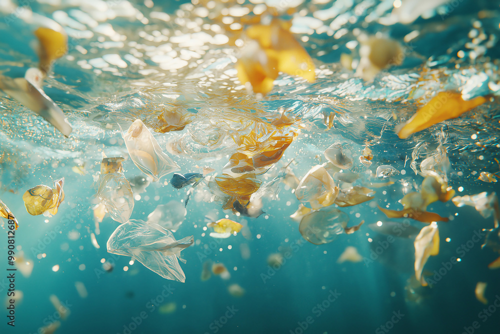Marine debris, including microplastic pellets, floating in the ocean ...