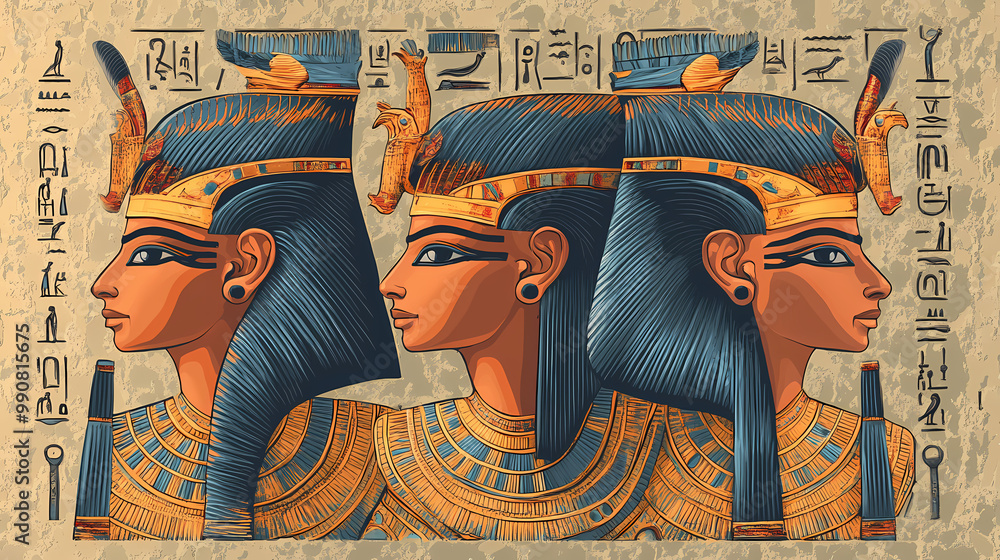 Illustration of ancient egyptian model with hieroglyphs in relief, stylized portrait of egyptian ...