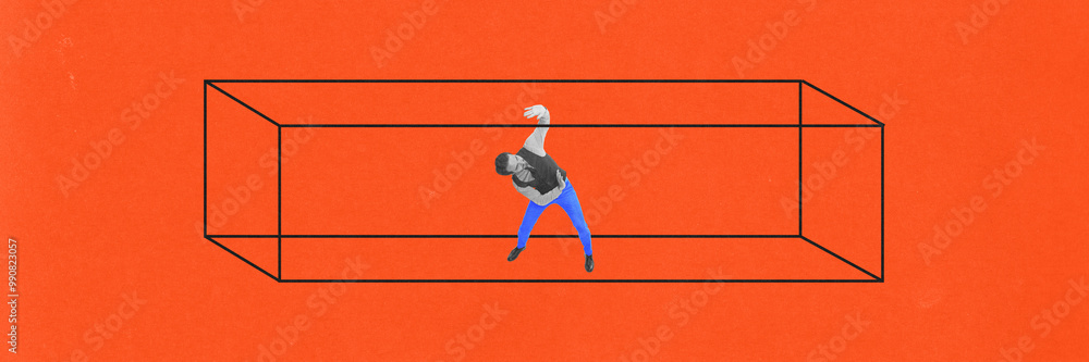 Businessman standing inside rectangular wireframe box, seemingly trying ...