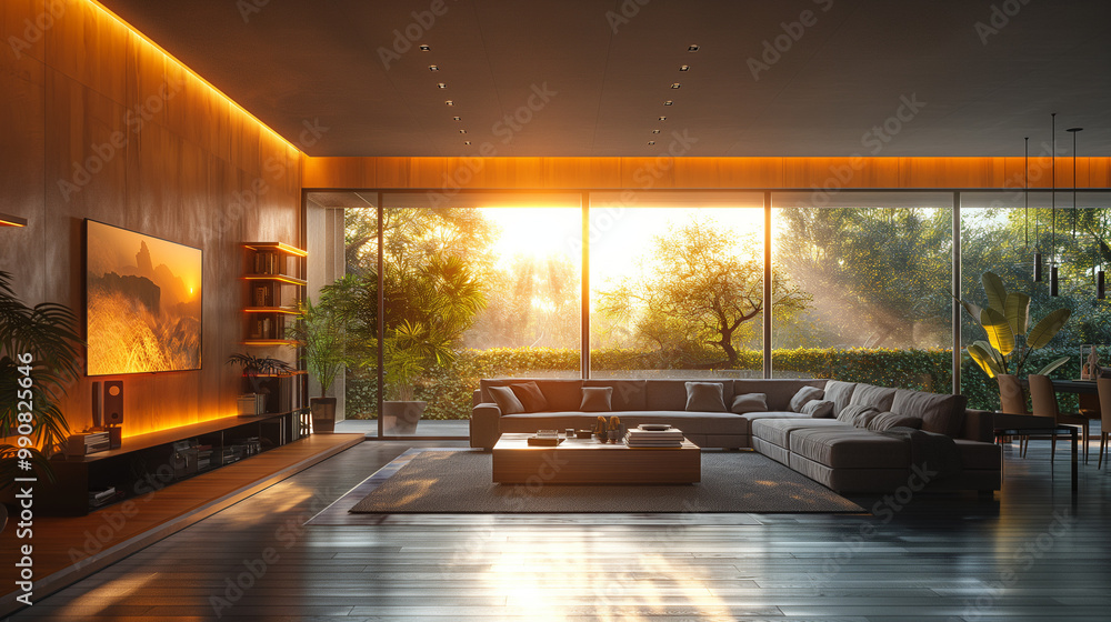 Moderm Interior of AI augmented reality smart home, design with natural ...