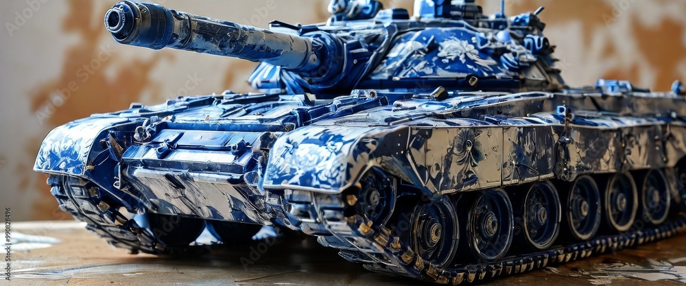 A close-up view of a blue and white camouflage military tank model. The ...