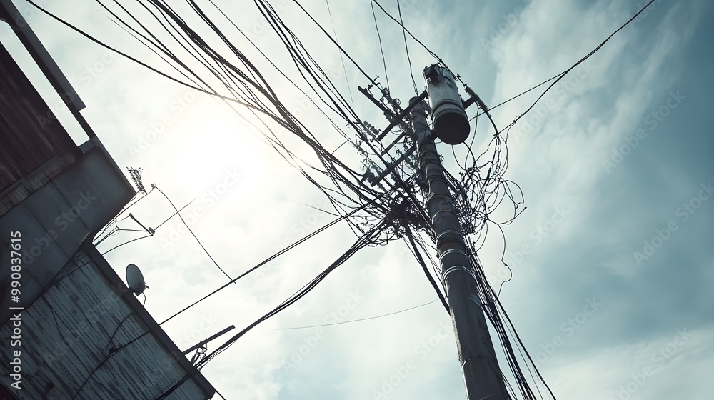 A photograph depicting an electrical pole with a chaotic web of tangled ...
