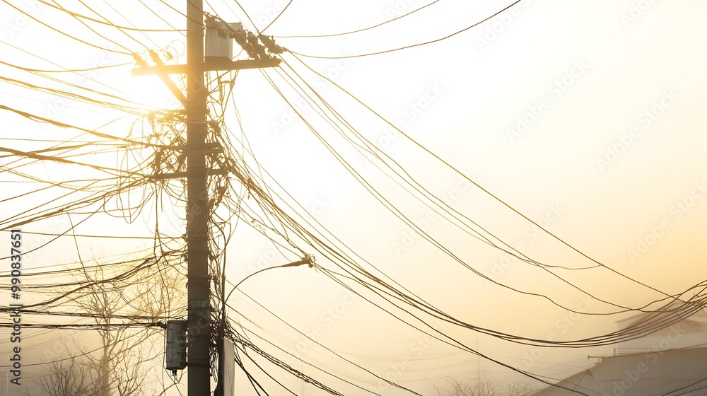 Chaotic electrical grid with tangled power lines and utility pole ...