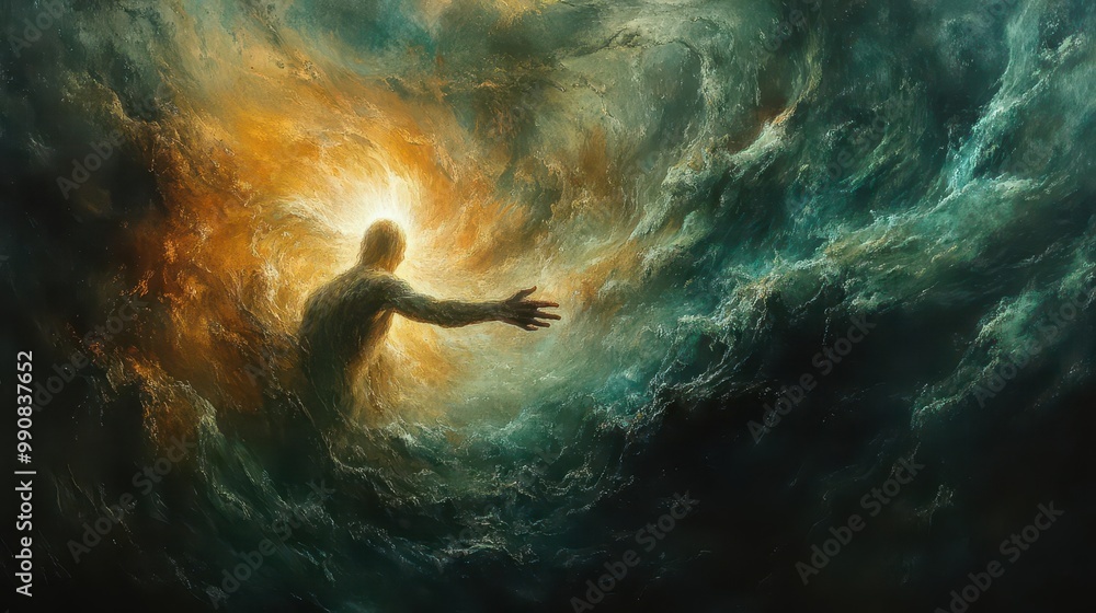 powerful scene of a radiant figure extending a helping hand to someone ...