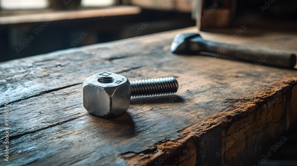 A close up photograph of a shiny metal nut and bolt resting on a rustic ...