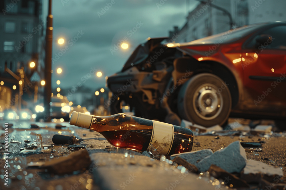 Alcohol Driving accident with destroyed car and bottle of alcohol on street highlighting dangers ...