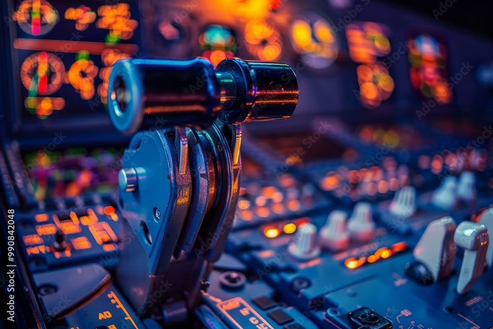 Throttle control lever in focus in an airplane cockpit full of ...