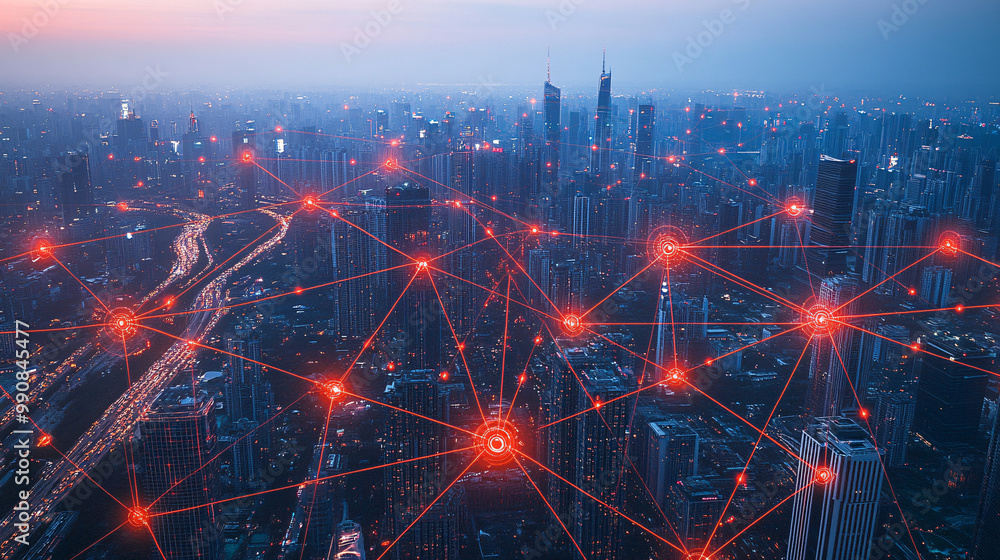 Wide-angle aerial view of the city skyline at night with glowing red ...