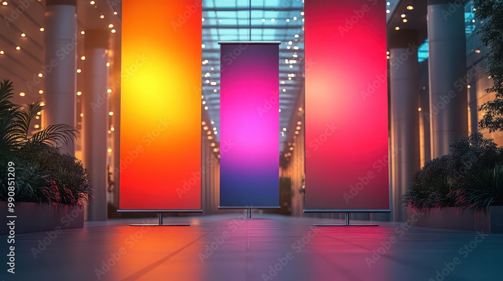 trade show display mockup three vertical rollup banners showcase ...