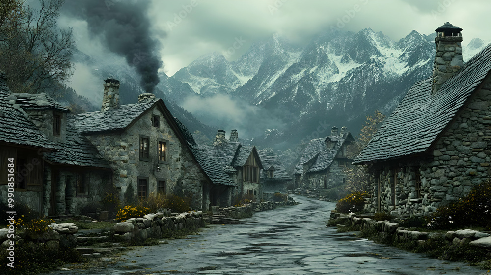 Dramatic village scene with stone houses and smoky mountains under ...