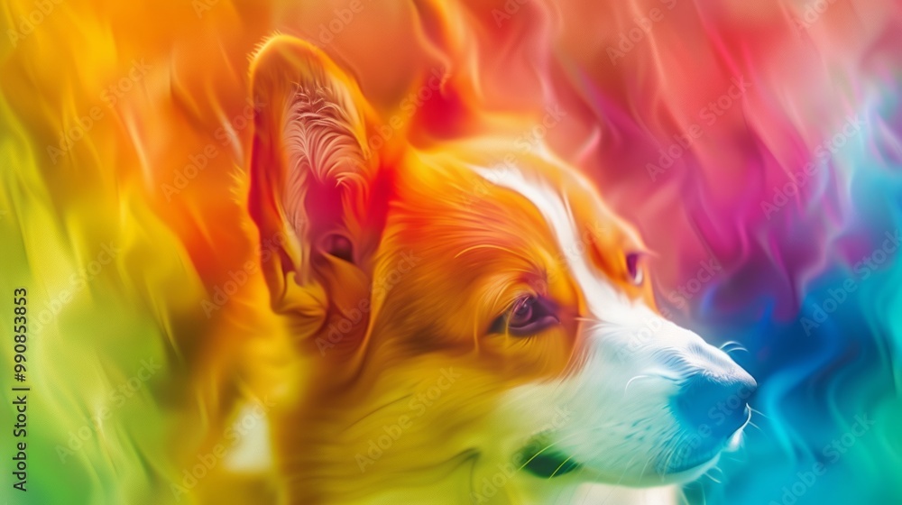 Tricolor corgis with a blurred background pattern creating a smooth ...