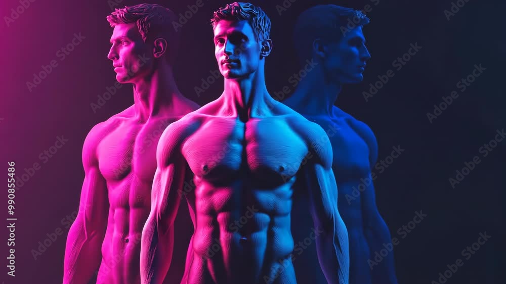 A man's body is shown in three different colors, with the pink and blue ...