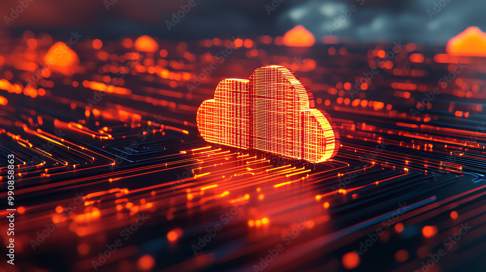 Digital cloud with flowing data cables connecting to storage servers ...