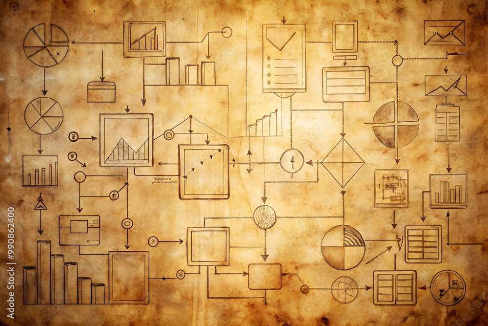A drawing of a complex network of lines and shapes with a lot of ...