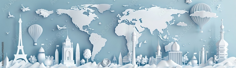 World famous landmarks made of paper cut, white buildings on light blue ...