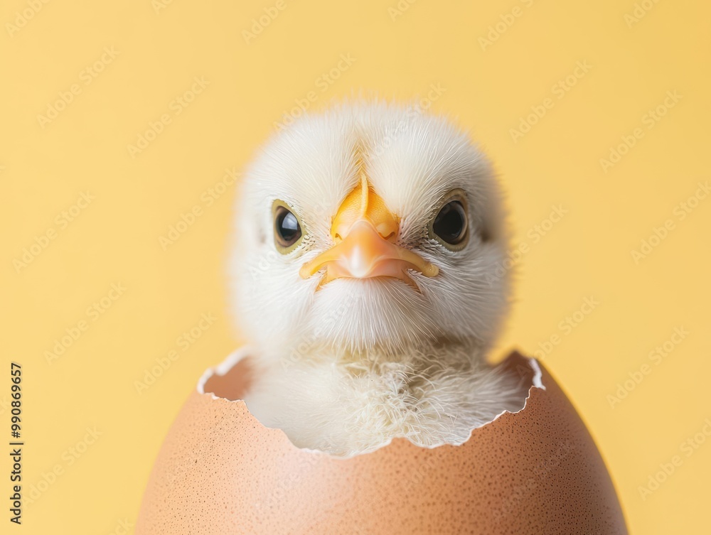 Macro shot of a hatching chick emerging from a cracked egg, delicate ...