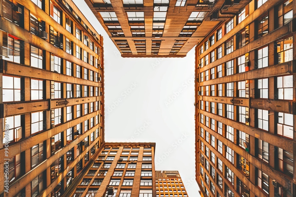 symmetrical photo of tall buildings made from golden metallic ...