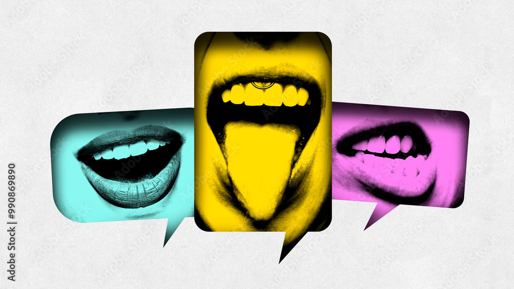 Contemporary art collage. Bold, colorful speech bubbles featuring ...