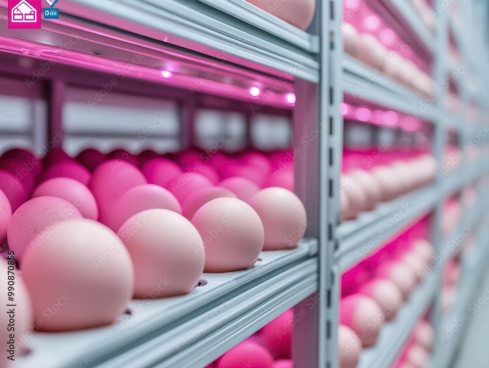 High-tech poultry farm with robotic incubators and rows of chicken eggs ...