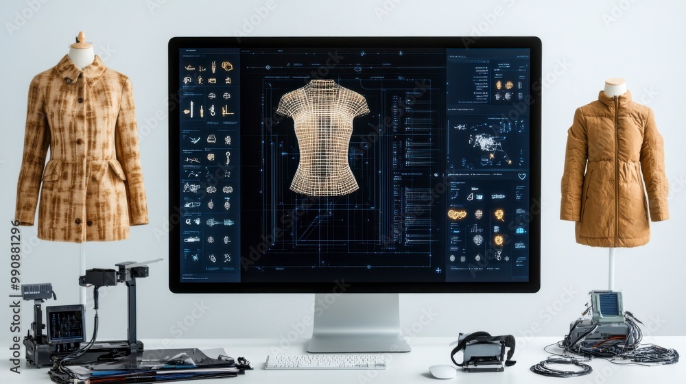 Digital fashion design workspace with clothing models and computer ...