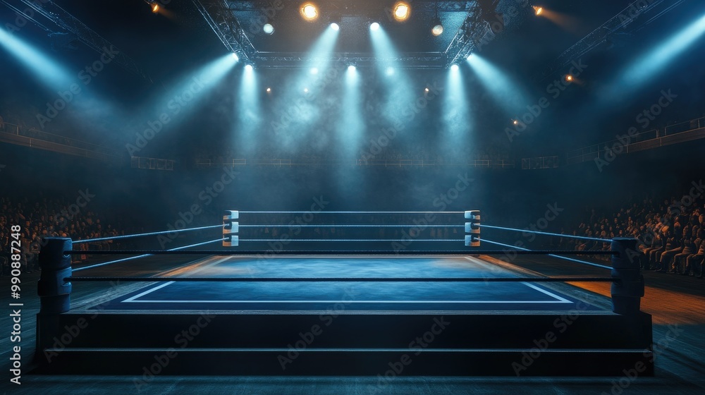 Empty wrestling ring under intense spotlights, ropes tight, ready for a ...