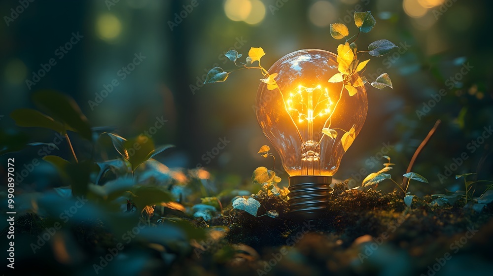 A glowing light bulb with leaves and vines sprouting from it, nestled ...