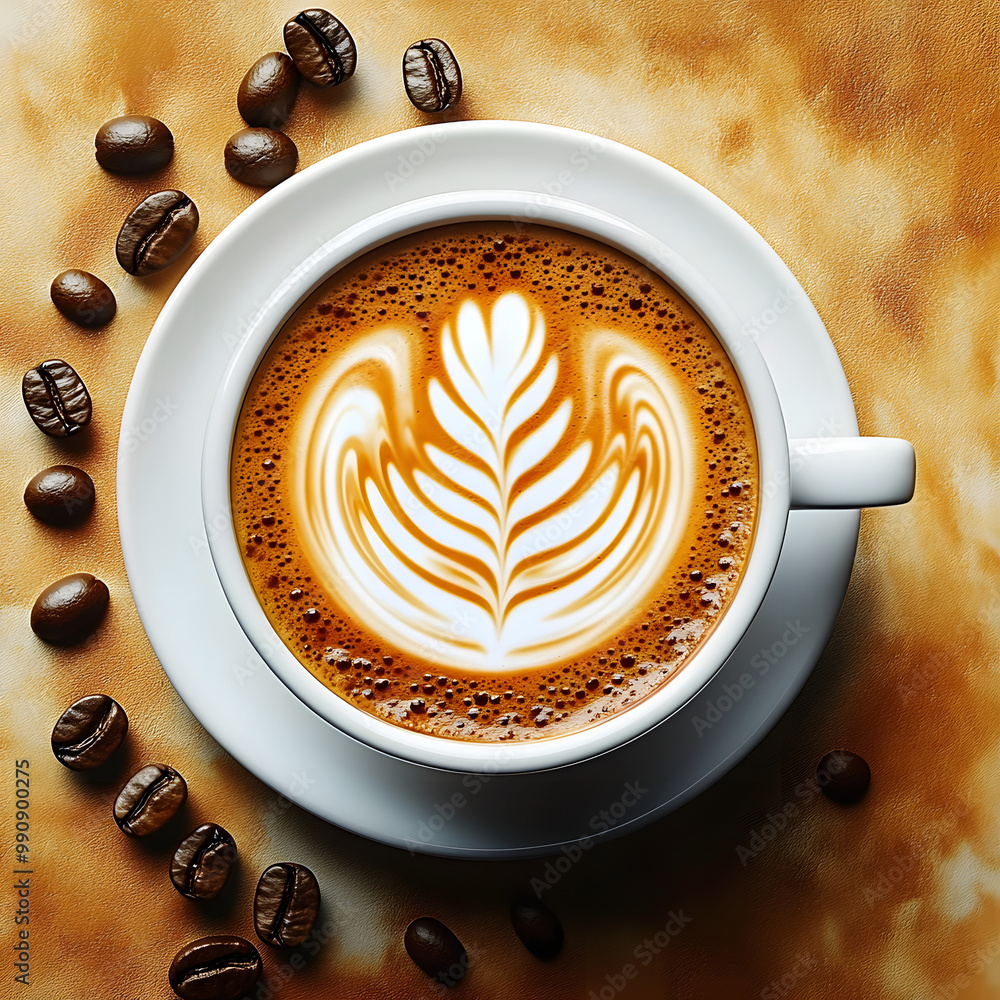 Top view of a white latte cup and a coffee bean in a coffeeshop. Mixed ...