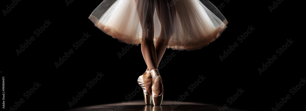 Extreme close-up of a dancer en pointe, ballerina feet on a wooden ...