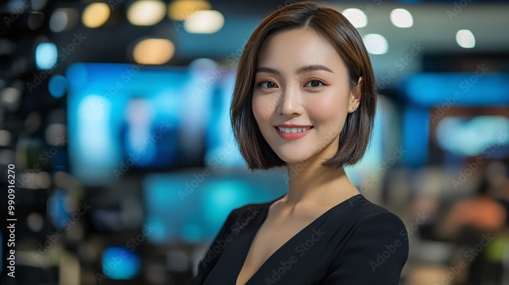 Young smiling Asian woman news anchor in black suit on TV studio Stock ...