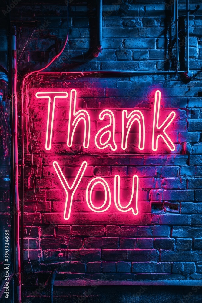 "Thank You" glowing in neon lights against a dark brick wall, creating ...