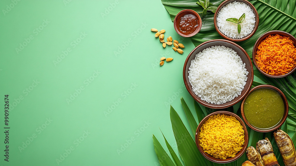 Onam food with sadhya rice on green background. Traditional food ...