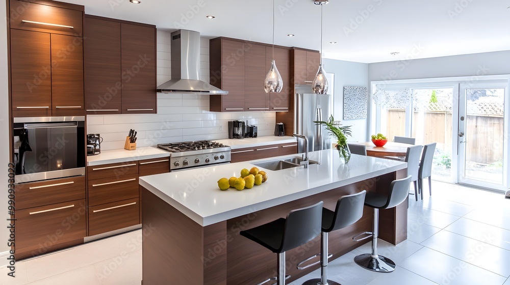 Stylish modern kitchen design featuring a blend of dark wood cabinetry ...