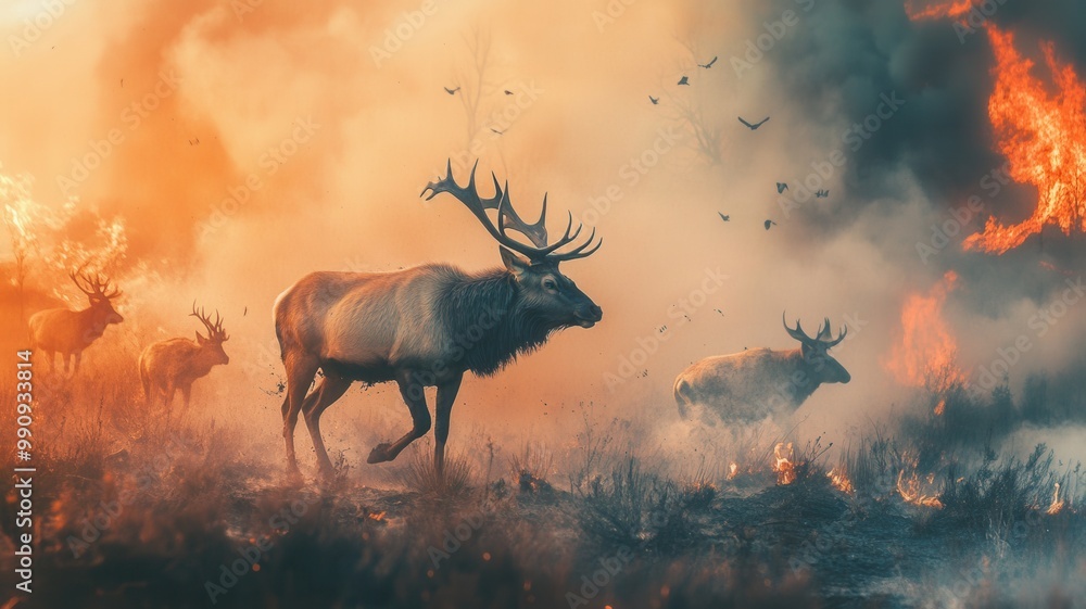 Elk in a dramatic wildfire scene, showcasing survival in harsh ...