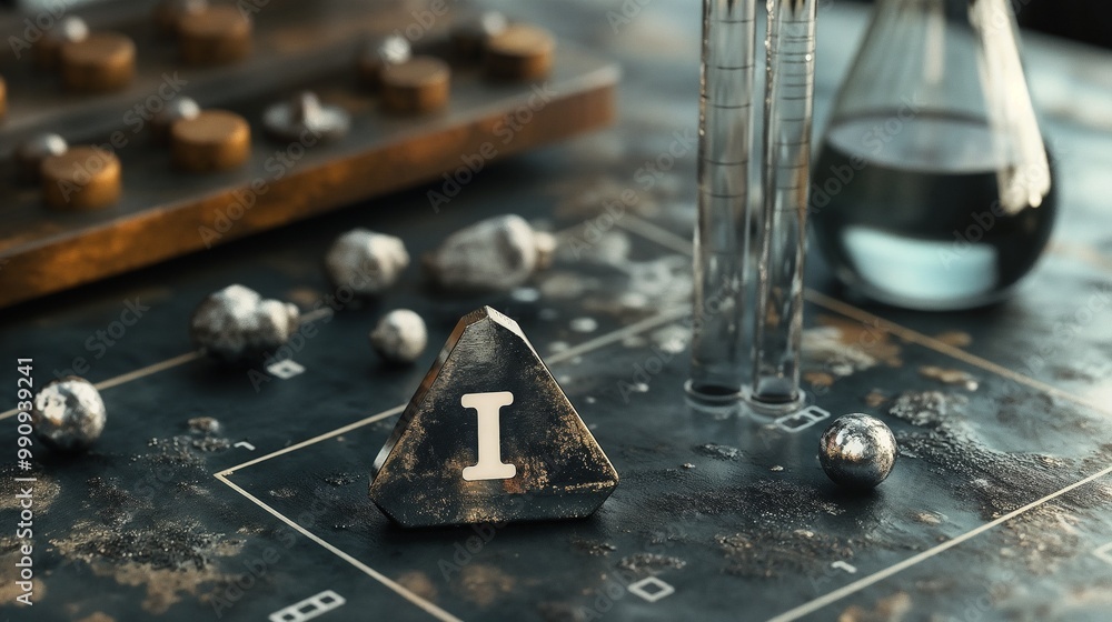 Iodine element symbol on a scientific table with vials and small ...