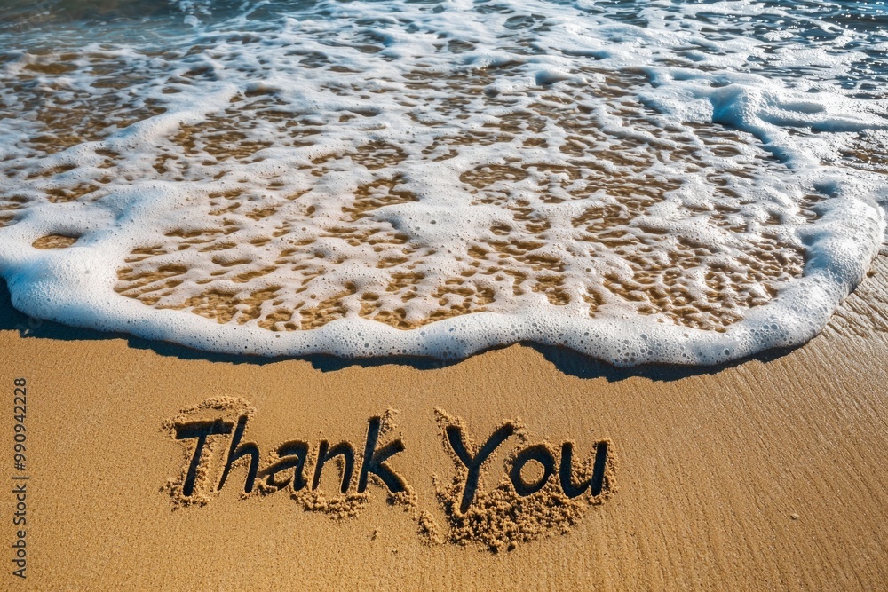 "Thank You" spelled out with sand on a beach, with gentle ocean waves ...