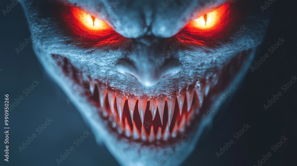 Vampire's sinister grin, glowing red eyes, sharp fangs gleaming, close ...