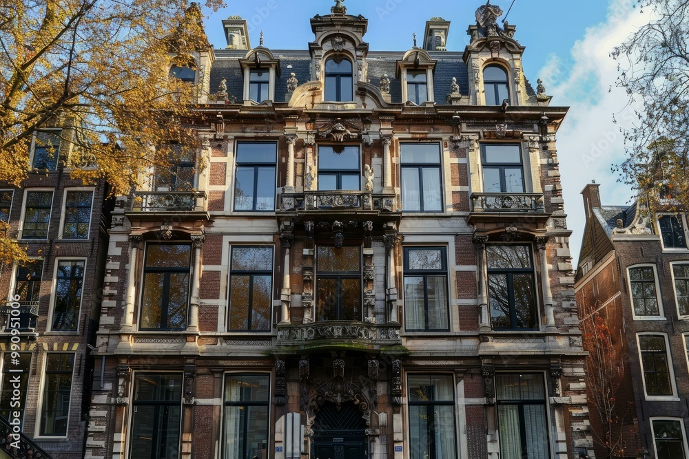 Traditional dutch architecture with ornate details and large windows is ...