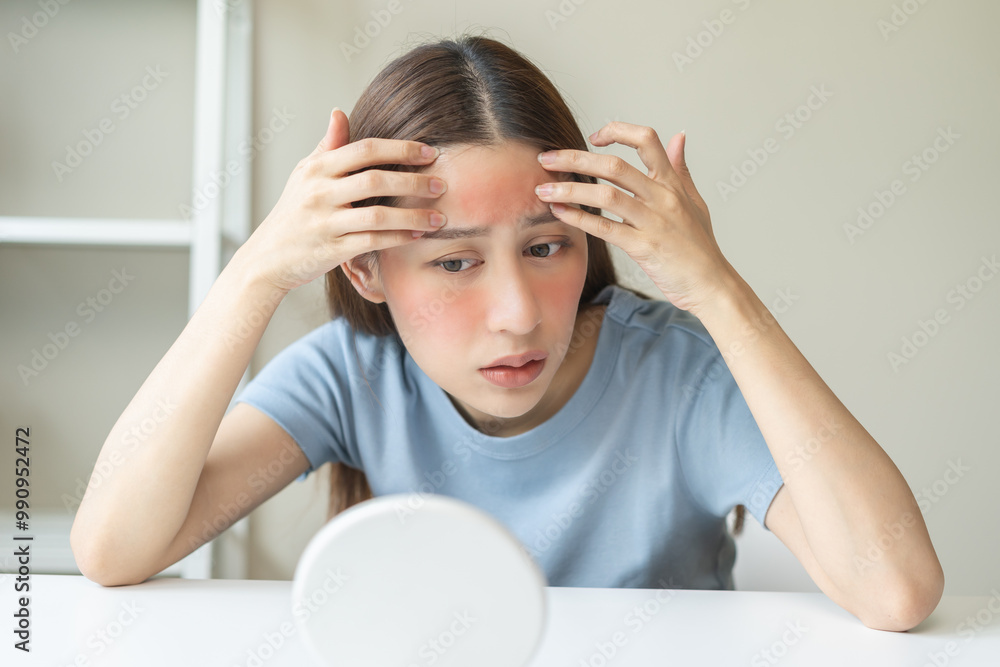 Dermatology, itchy asian young woman, girl looking at mirror ...